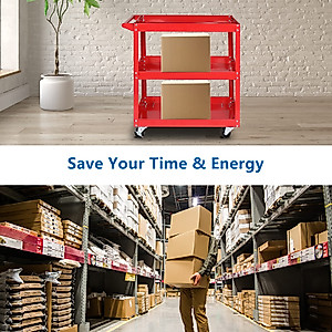 TUFFIOM 3 Tier Rolling Tool Cart, 330 Lbs Capacity, Red, 3 Shelves Steel Utility Cart for Garage, Workshop, Warehouse & Repair Shop