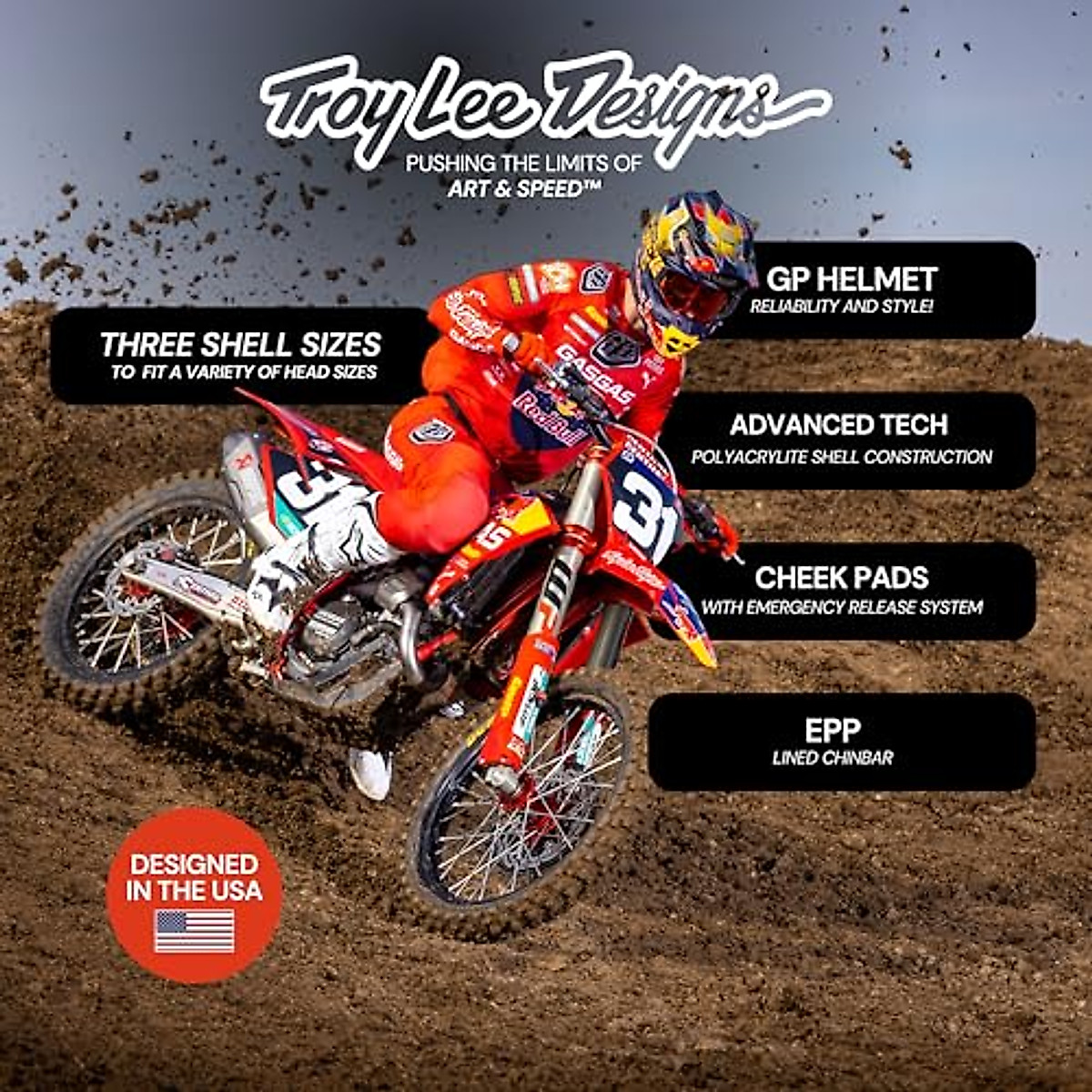 Troy Lee Designs GP Helmet for Motocross MX, Light Weight 16 Vents, Overload Blue/White, 2X, SKU 103252036