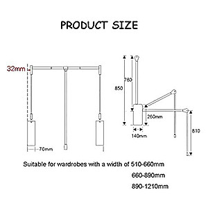 Drop-Down Wardrobe Lifting Rails, Adjustable Wardrobe Clothes Rail, Black Nickel-Plated Width Adjustable, Saving Space, Bearing 30KG (Size : 660-890mm)