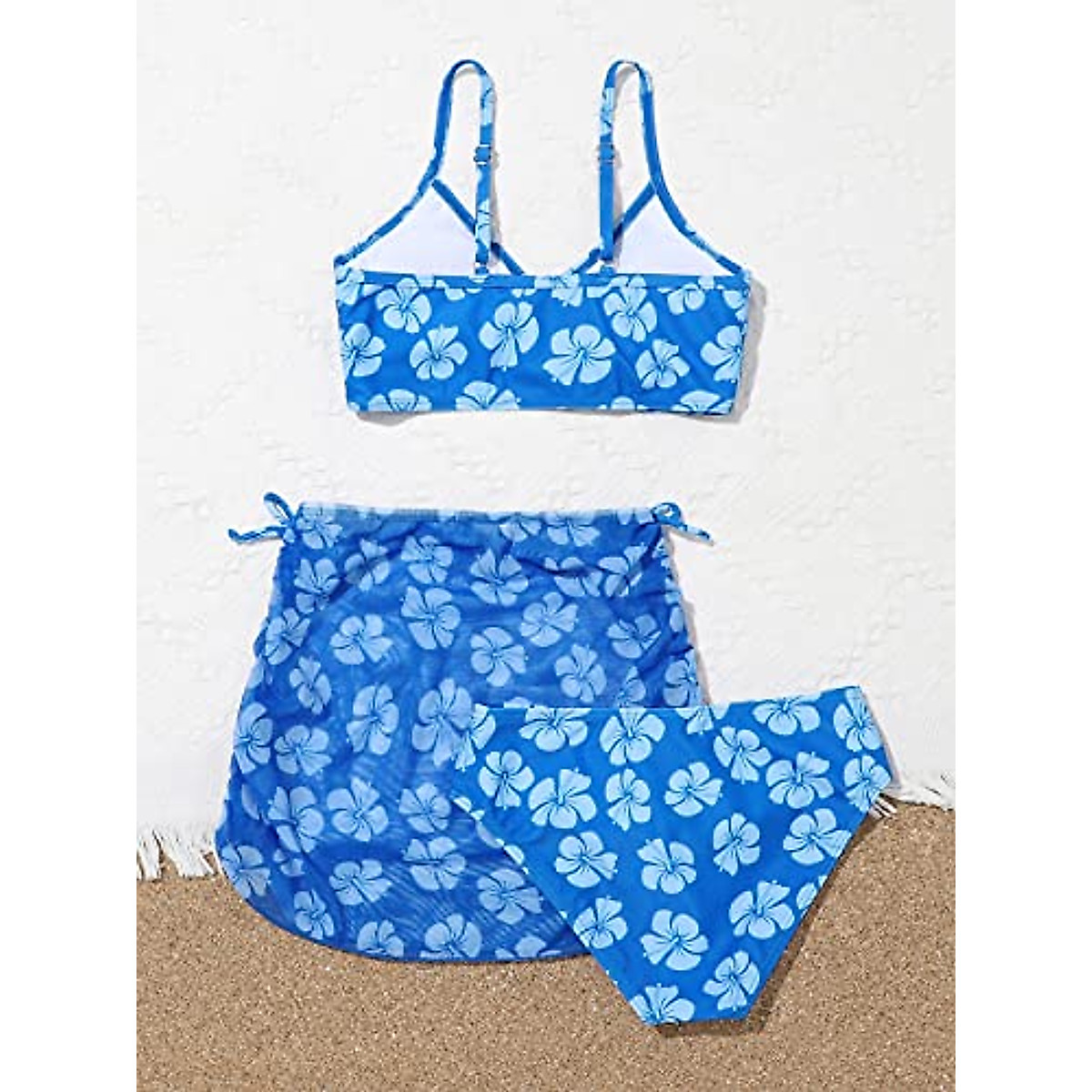 COZYEASE Girls' 3 Piece Set Floral Print Bikini Swimsuit with Drawstring Beach Skirt Cute Ruched Bathing Suit Blue 12 Years