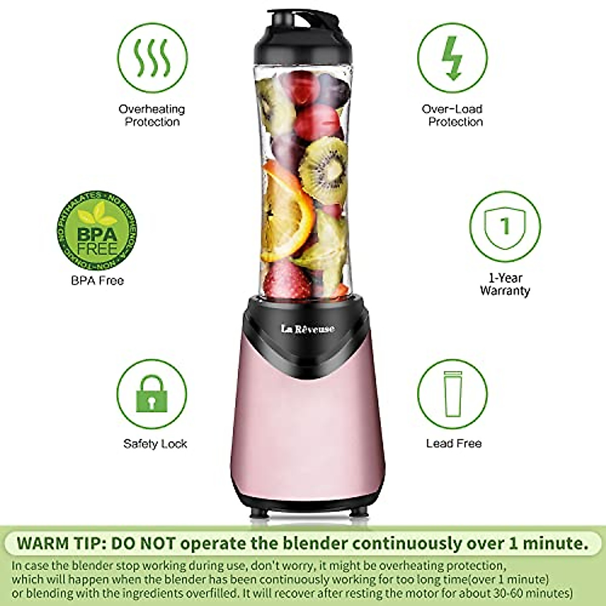 La Reveuse Smoothie Blender Personal Size 300 Watts with 2 Pieces 18 oz BPA-free Travel Sports Bottles,Grey (Pink)