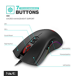 HAVIT Programmable Gaming Mouse 4000DPI 7 Buttons RGB Backlit Wired Optical for Laptop, PC & Computer, MS794 (Black)