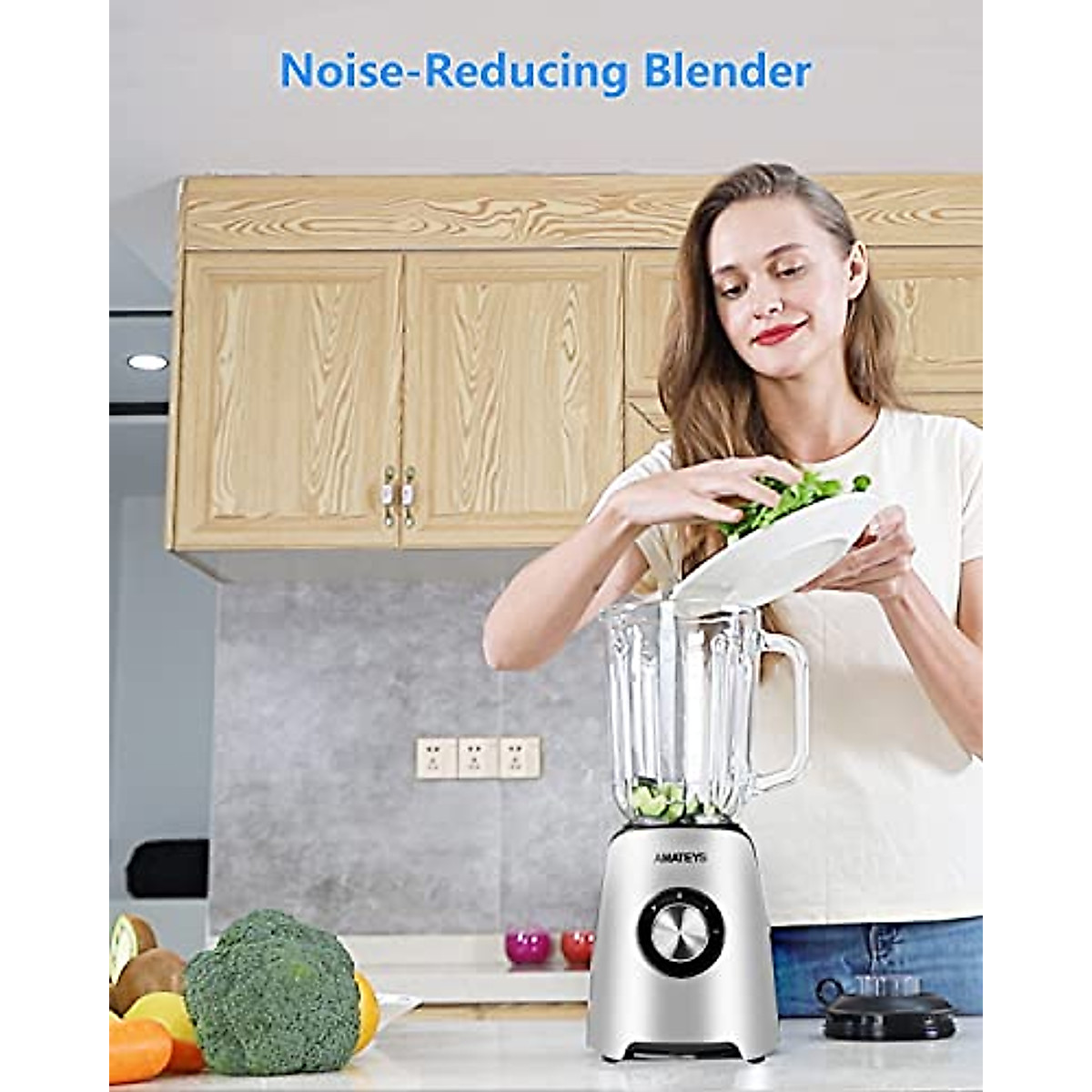 Amateys Quiet Smoothie Blender with 50 Oz Glass Jar,Professional Kitchen Blender for Shakes and Smoothies,Countertop Blender Speed Adjustable for Ice Crush Frozen Fruit Puree Mlikshakes