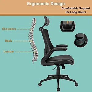 POWERSTONE Ergonomic Office Chair with Thickened Leather Seat, Mesh Desk Chair with Adjustable Headrest Lumbar Support and Flip-up Armrests for Home, Office, Study
