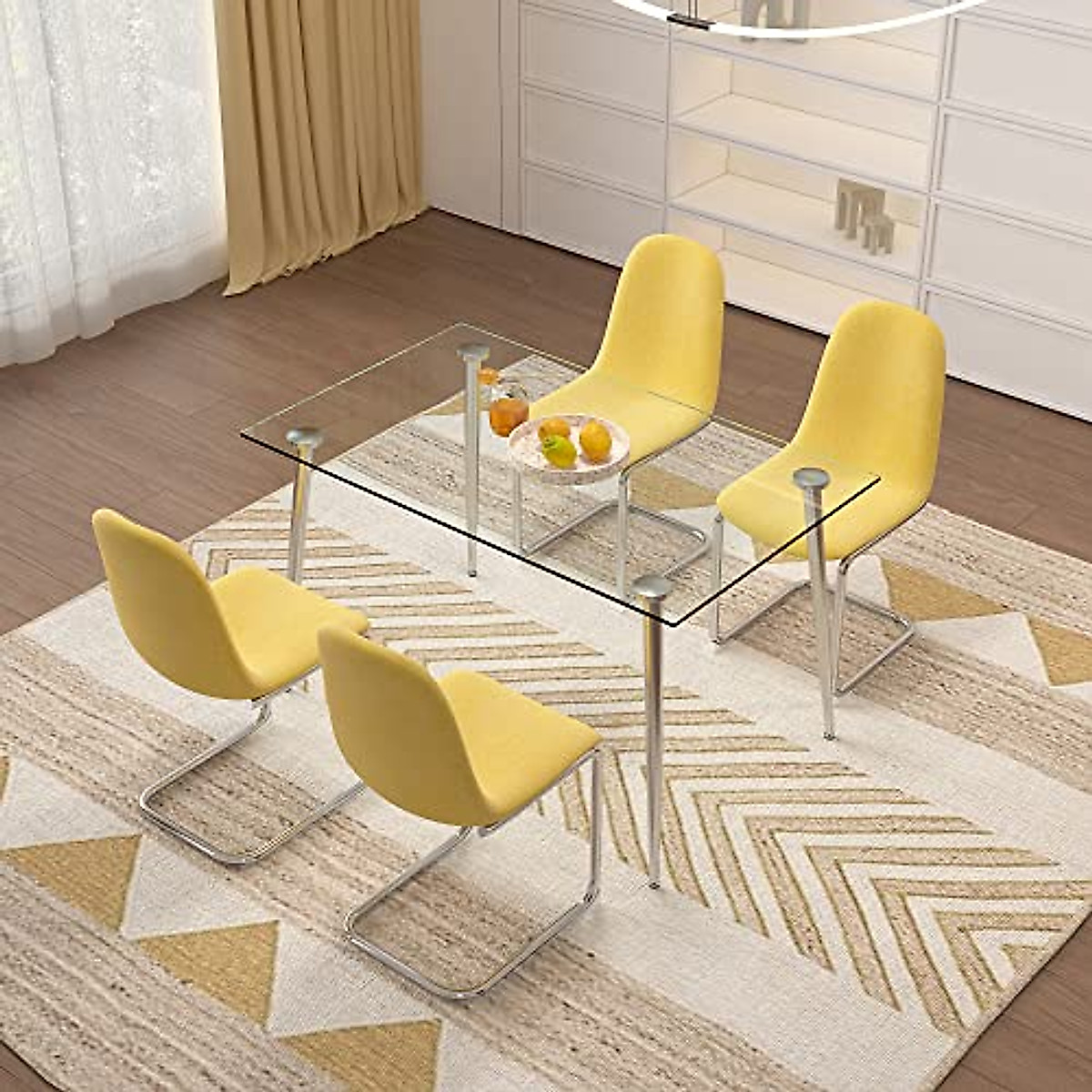 Glass Dining Table for 4 with 51 inch Clear Rectangular Glass Top, 0.31" Modern Tempered Glass Kitchen Table Furniture with 4 Silver Plating Metal Legs for Home Office Living Room