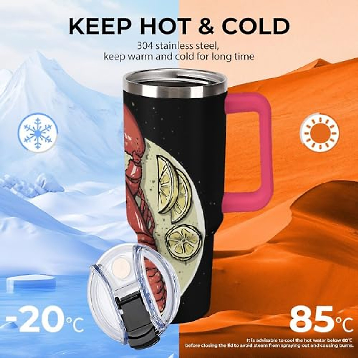 Red Lobster 40oz Water Bottle Double Wall Insulated Tumbler with Handle Leakproof Travel Mug Light Rose Red-style