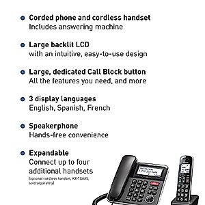 Panasonic Expandable Corded/Cordless Phone System with Answering Machine and One Touch Call Blocking – 1 Handset - KX-TGB850B (Black)