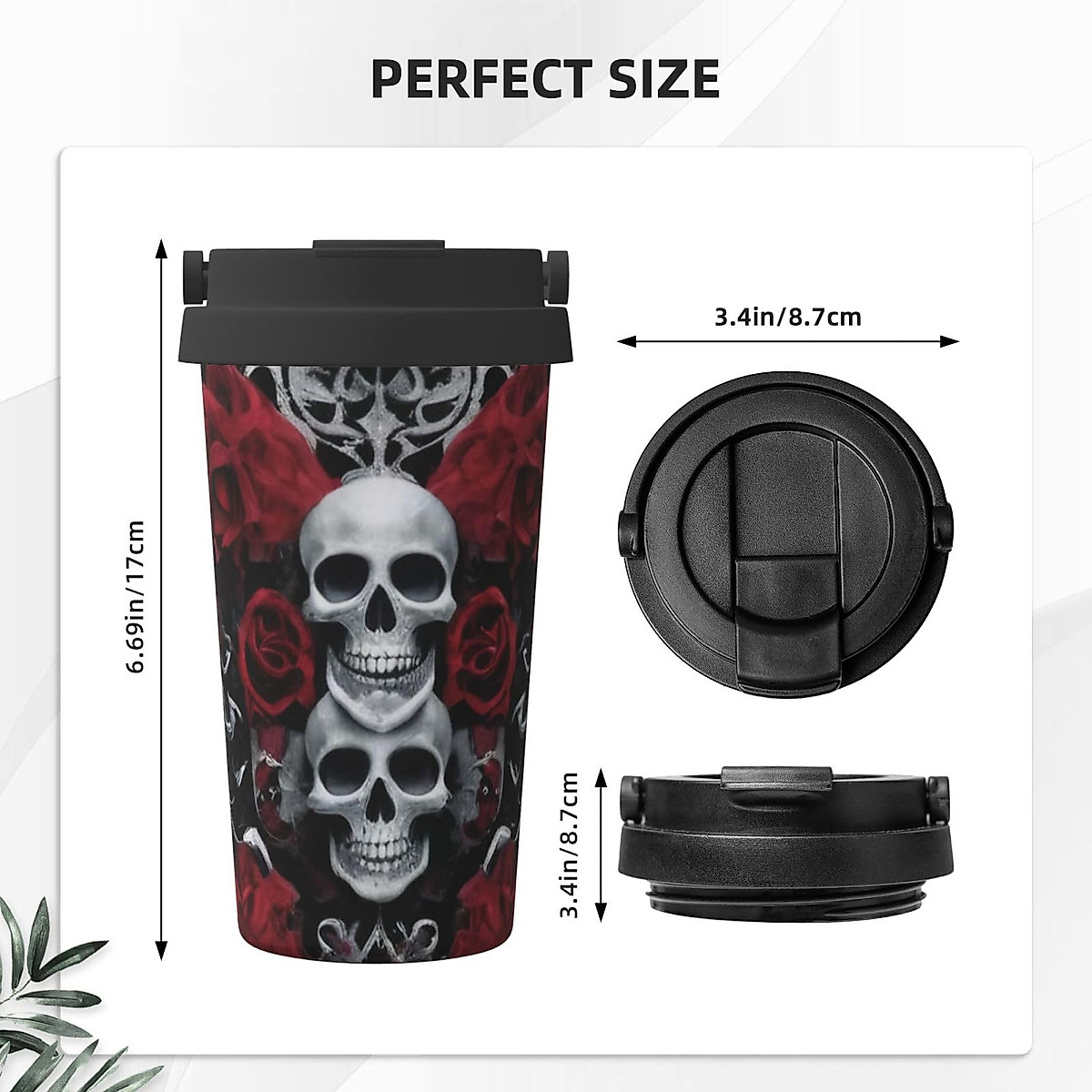 Insulated Coffee Mug Skull Floral 17oz Double Wall Vacuum Stainless Steel Tumbler With Leak-Proof Lid And Handle, Cute Travel Thermos Mug For Cold Hot Drinks