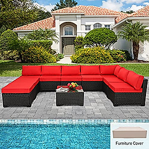 Patio Sectional Furniture Set 10-Piece Outdoor Wicker Conversation Sofa Couch with Red Non-Slip Cushions Furniture Cover Black PE Rattan