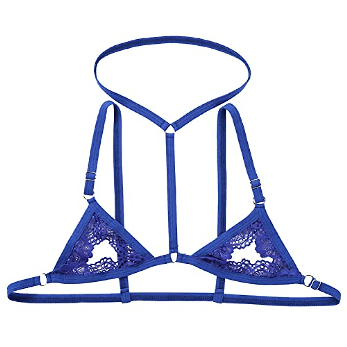Men's Floral Hollow Out Strappy Bra Sissy Lace See Through Sheer Bralette Adjustable Straps Bikini Lingerie Top (Blue,Large)