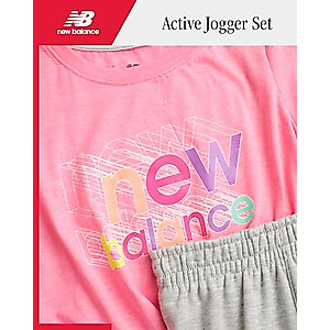 New Balance Girls' Jogger Set - Short Sleeve Performance T-Shirt and Sweatpants (7-16), Size 10-12, Pink Gret
