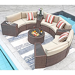 SUNSITT Outdoor Sectional Set 11-Piece Half Moon Patio Furniture Brown Wicker Sofa Beige Cushions with 4 Side Table and 4 Pillows