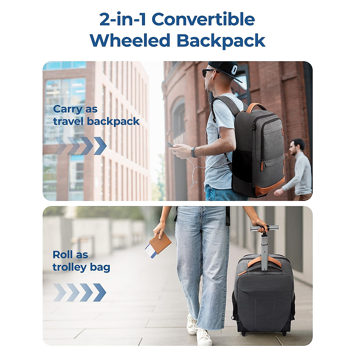 BAGSMART Rolling Travel Backpack, Water-Resistant Travel Laptop Backpacks with Wheels for Adults, 17 Inch Large Roller College Backpack Luggage Carry on with 2 Packing Cubes, Gray