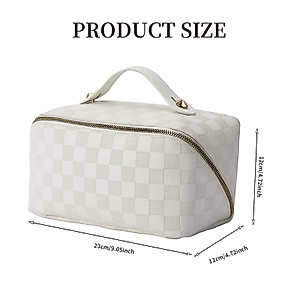 CELEDAS Cosmetic bag - check pattern cosmetic bag - waterproof portable skincare bag - large capacity cosmetic bag for women - with handle separator - white - fashion (White)