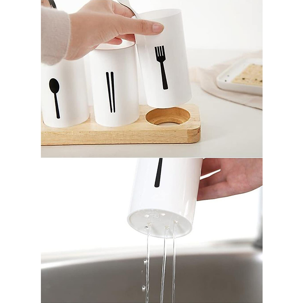 ROWOZOUY Kitchen Utensil Holder Drain Tableware Utensil Caddy Flatware Organizer with Wood Base