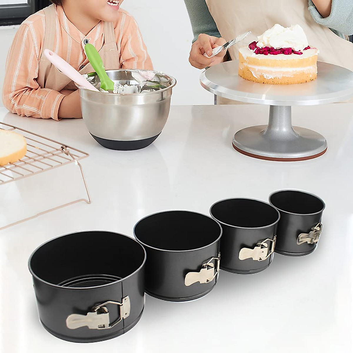 beiyoule 4 Pcs Springform Pan (4inch, 5inch, 6inch, 7inch), Cake Tin for Baking, Detachable Bottom Carbon Steel Cheesecake Mold (Black)