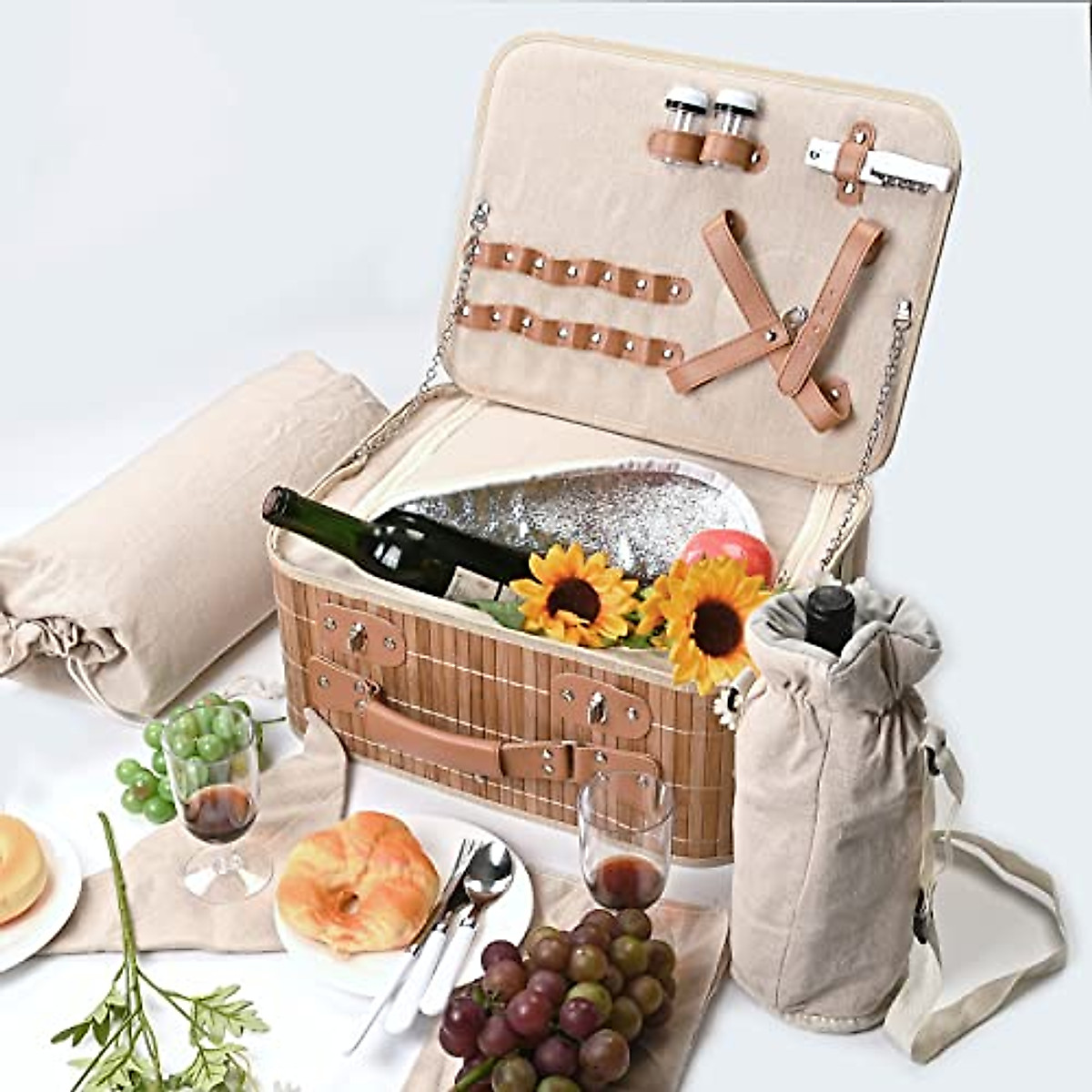 Picnic Basket for 2 with Waterproof Blanket and Insulated Wine Pouch 18Pcs Picnic Basket Set Hamper with Full Cutlery Kit for Two, Family,Couple,Camping,Outdoor,Valentine Day,Wedding Gift, Birthday