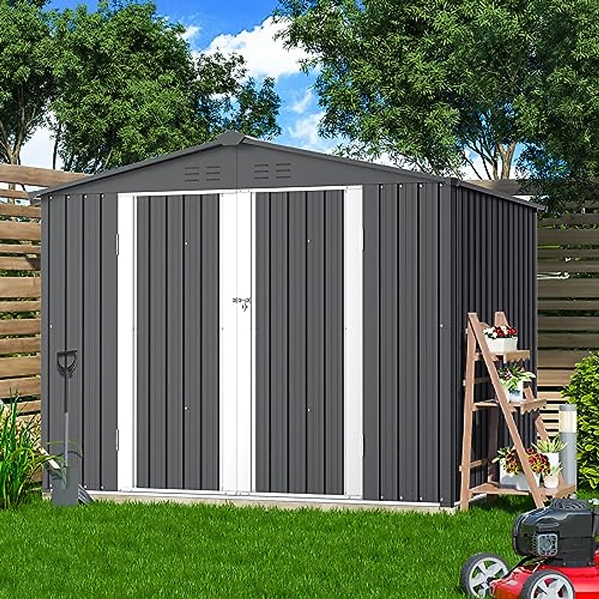 CrownLand Upgraded Outdoor Vented Backyard Garden Storage Shed 6 x 8 Feet Tool House with French Door Outdoor Lawn Steel Roof Sheds (Gray)