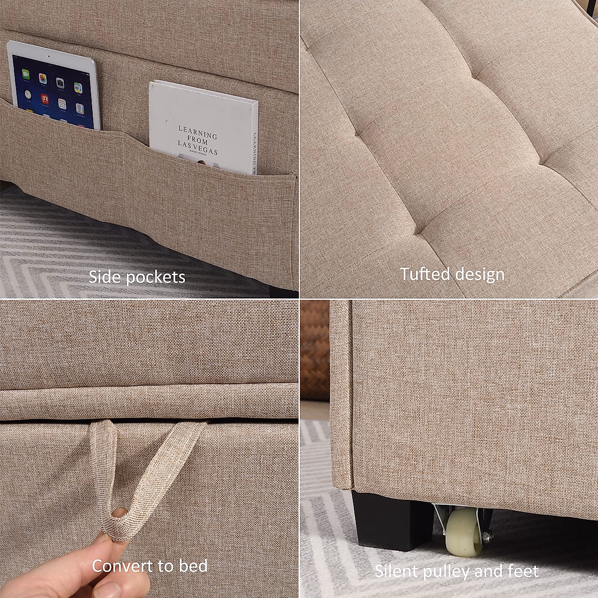 Cynefin Futon Chair with Lumbar Pillow and 3 Side Pockets, Sofa Bed Chair, Convertible Chair Sleeper Bed, 4 in 1 Ottoman Bed Tufted Fabric(70.8 x 26.3 x 16.4 inches, Beige)