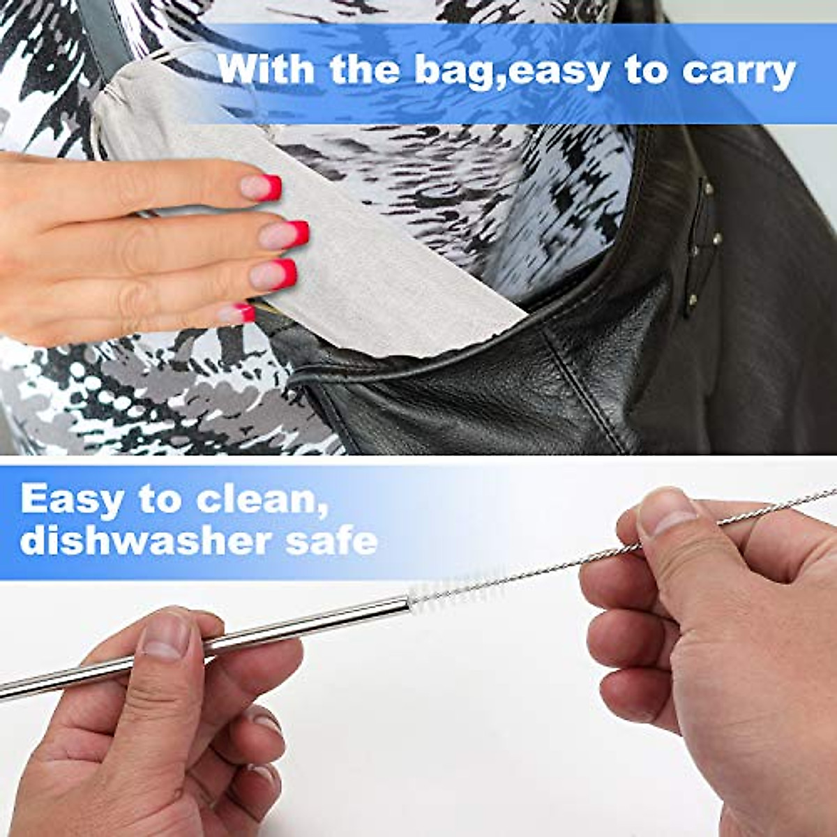 MUTNITT Set of 20 10.5" Reusable Stainless Steel Straws Bent Reusable Straws with 20 Silicone Tips 5 Cleaning Brush 1 Travel Case Eco Friendly Extra Long Metal Straws Drinking for 20 24 30 oz Tumbler