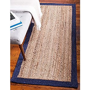 Agro Richer Rug Beige Blue Border Jute Hand Braided Rectangle Shape Home Living Room Living Room Farmhouse Carpet Rag Rug (180 x 240 Cm (6x8 Feet))