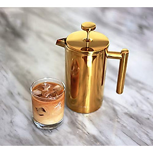 Vivine French Press Stainless Steel Double Walled Insulated Large 1L / 4 Cups of Coffee Lavish Gold Mirror Finish With Coffee Grounds Scoop 1 Tablespoon Dishwasher Safe