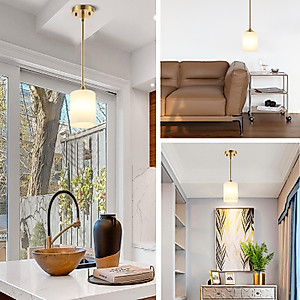 BYOLIIMA Modern Gold Pendant Light 3 Pack Brushed Brass Mid Century Chandelier White Cylinder Glass Shades Adjustable Rods Farmhouse Ceiling Hanging Lighting Fixture Kitchen Island Dining Room Bedroom