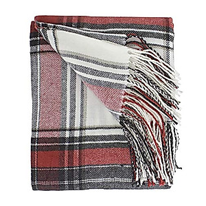 Fennco Styles Classic Plaid Pattern Tassel Trim Throw Blanket 50 x 60 Inch - Red White Throw for Couch, Home Decor and Holiday Winter Season