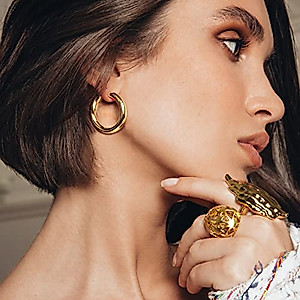 sovesi Chunky Hoop Earrings for Women with 925 Sterling Silver Post, 14K Gold Plated Thick Hoops, 30mm