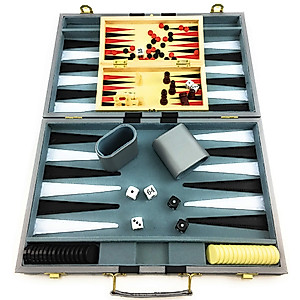 Matty's Toy Stop Deluxe 15" Backgammon Briefcase (Vinyl Gray Attache) with 3-in-1 Chess, Checkers & Backgammon Wooden Travel Games Set (8")