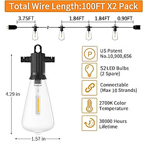 ZOTOYI Outdoor String Lights 200 FT, Waterproof IP65 Patio String Lights for Outside with 104 Shatterproof ST38 Bulbs(4 Spare), LED Hanging Lights for Bistro, Backyard, Garden 2700K(2-Pack 100FT)