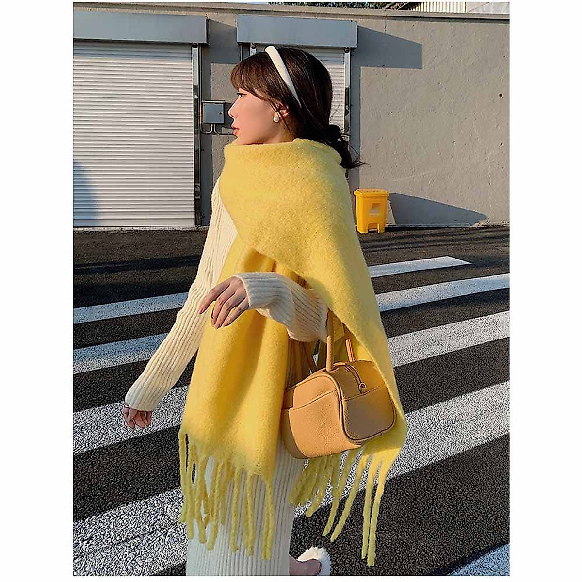 OUNIYA Large Chunky Scarf Oversized Fluffy Scarves Cashmere Feel Blanket Soft Big Wool Thick Winter Warm Women (yellow)