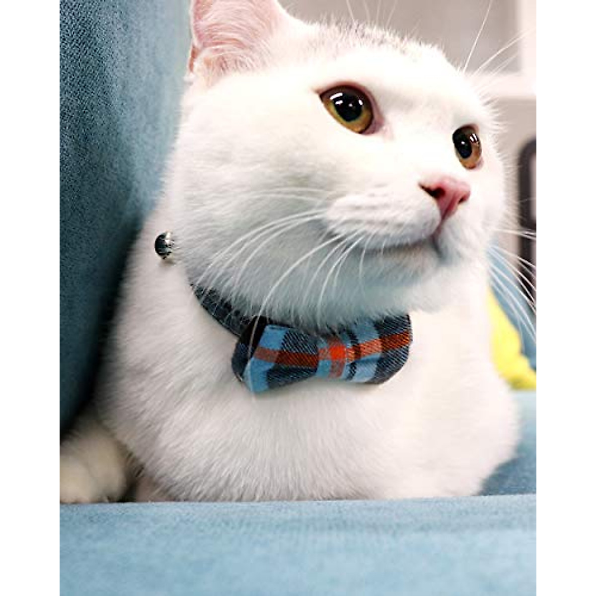 Joytale Updated Breakaway Cat Collar with Bow Tie and Bell, Cute Plaid Patterns, 1 Pack Girl Boy Kitty Safety Kitten Collars, Haze Blue