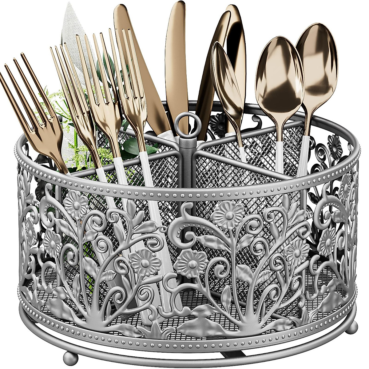 YIUKEA 360° Rotating Utensil Caddy - Silverware Cutlery Caddy Holder with 4 Compartment, Metal Flatware Organizer Countertop with Handle for Party Camping Picnic, Kitchen Counter, Office (Silver)