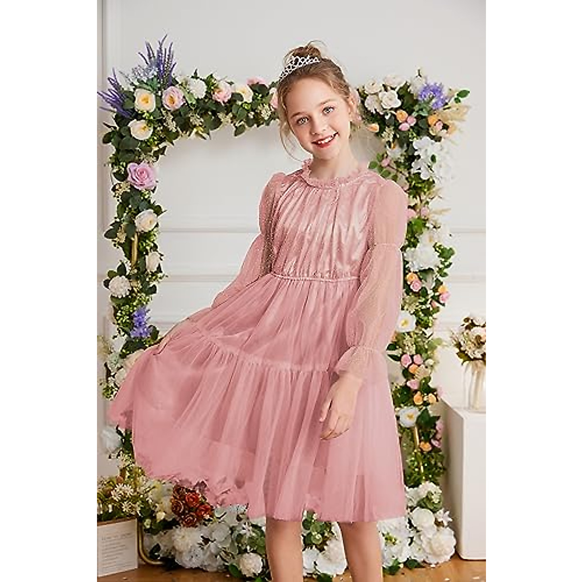 GRACE KARIN Girls Pink Dress Mesh Long Sleeve Flared Party Dresses Size 5-6 Fall Flower
