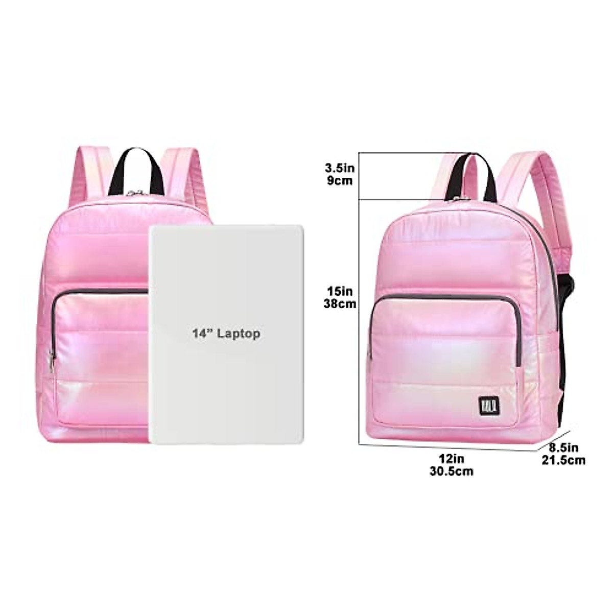GBLQ PLUS Iridescent Backpack 15 Inch, Super Lightweight Ultra Soft Nylon Shiny Fabric Quilted Casual Daypack Pink
