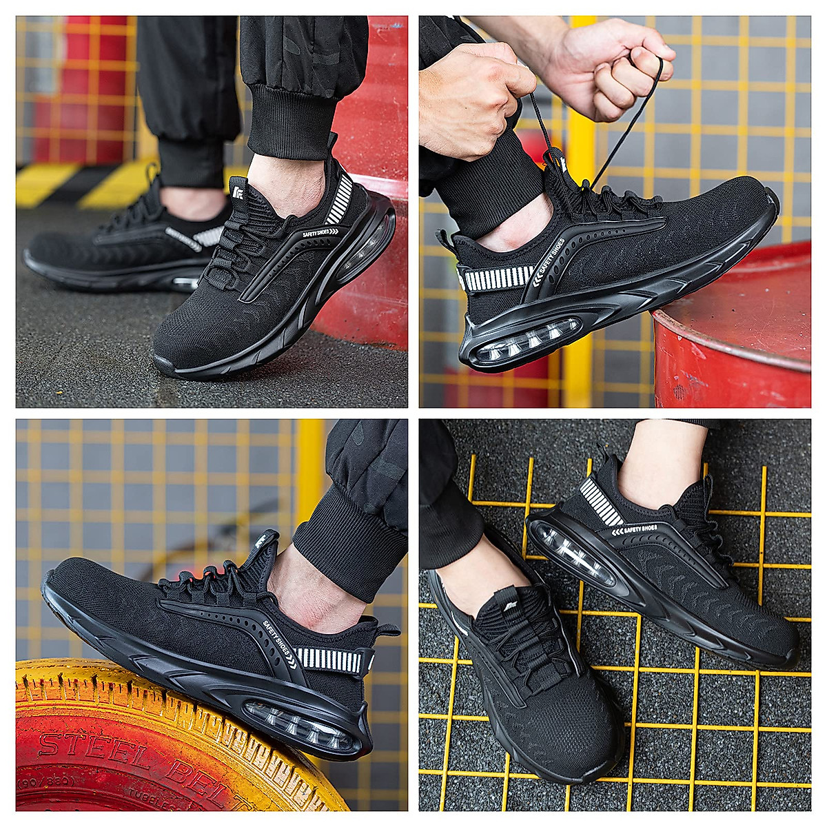 Steel Toe Shoes for Men Work Women Lightweight Air Cushion Sneakers Slip Resistant Safety Work Boots Indestructible Shoes Black