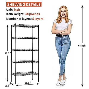 YYkokocat 5-Tier Wire Shelving Adjustable Metal Shelving Unit 48" H Storage Shelves Wire Rack Shelf Organizer for Closet Bathroom Kitchen, 750LB Capacity, 21.5L x 11.6W x 47.6H, Black
