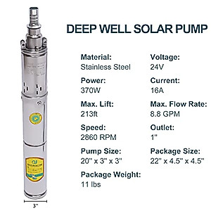 Submersible Deep Well Pump Solar Water Pump DC 24V 370W Stainless Steel Screw Pump, 213ft Lift 8.8GPM Flow, Agricultural Irrigation Pump Solar Water Circulating System