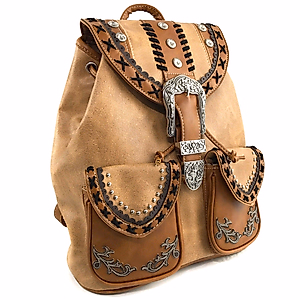 Zelris Western Country Floral Buckle Rucksack Backpack (Tan)