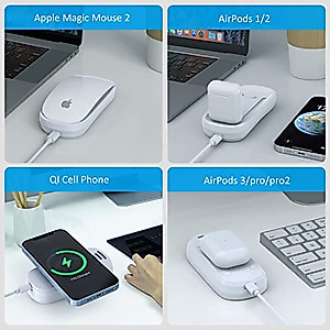 HONKID Charging Station for Magic Mouse 2 and Wireless Charging QI Cell Phone, Double-Sided Charging, Usable as Magic Mouse Charger, Stand, and Wireless Charger, USB-A to USB-C Cable Long 5ft, White