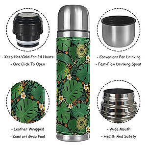 Stainless Steel Leather Vacuum Insulated Mug Tropical Plants Thermos Water Bottle for Hot and Cold Drinks Kids Adults 16 Oz