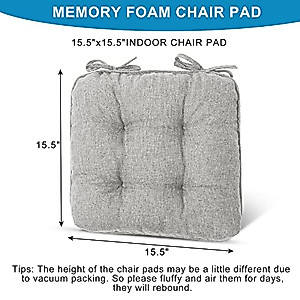 EAIMi Indoor Chair Cushions for Dinning Chairs 4 Packs| Tufted Memory Foam Overstuffed Kitchen Chair Pads with Ties | Textured Non Slip Back Seat Cushions 15.5x15.5x4 Inches Light Grey