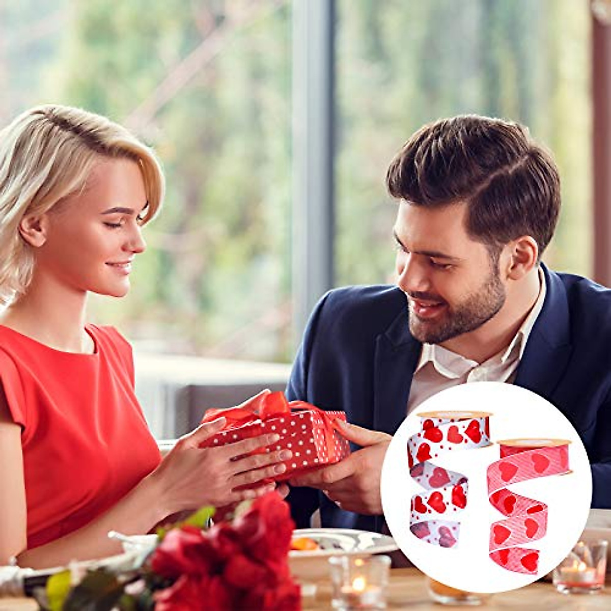 9 Rolls Valentine's Day Ribbons Printed Heart Ribbons Polyester Satin Ribbon Sheer Organza Ribbon Roll Craft Satin Ribbons Wrapping Ribbons with Gold Edge for Valentine's Day Wrapping Wedding Decor