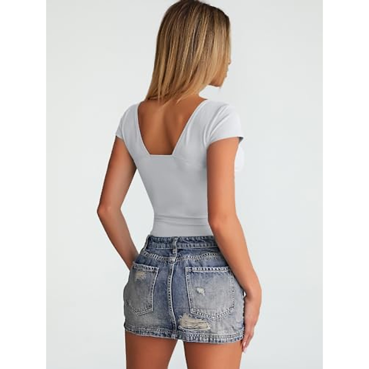 Trendy Queen Womens Deep V-Neck Backless Tops Short Sleeve Slim Fit T-Shirts Basic Y2K Tops Bustier Corset Cami 2024 White S