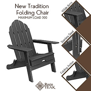Resin TEAK Folding Adirondack Chair Set of 4, All Weather Folding Plastic Outdoor Chairs for Fire Pit, Campfire, Patio, Porch, Comfortable Seat for Long Relaxation, Up to 300 lb Capacity - Grey