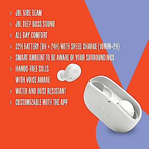 JBL Vibe Buds - True Wireless Earbuds, Smart Ambient, VoiceAware, Up to 32 total hours of battery life with speed charging, Water and dust resistant, JBL Deep Bass Sound (White)