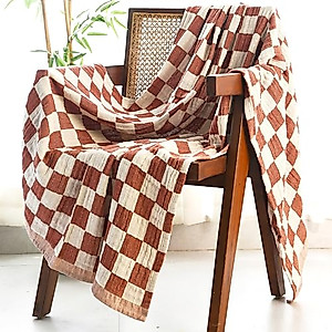 Folkulture 100% Cotton Throw Blanket, Rust Checks, 50x60in, Soft, Lightweight, Travel, Napping, All Seasons, Machine Wash