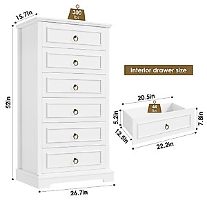 HOSTACK 6 Drawer White Dresser, 52" Tall Dresser, Vertical Dresser, Modern Farmhouse Chest of Drawers, Wood Closet Dresser Storage Dresser Chest for Living Room, Hallway, Entryway