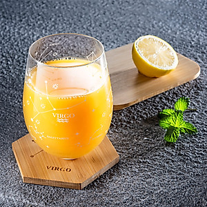 The Wine Savant Set of 2 Zodiac Sign Wine Glasses with 2 Wooden Coasters Astrology Drinking Glass Set with Etched Constellation Tumblers for Juice, Water Home Bar Horoscope Gifts 18oz (Virgo)